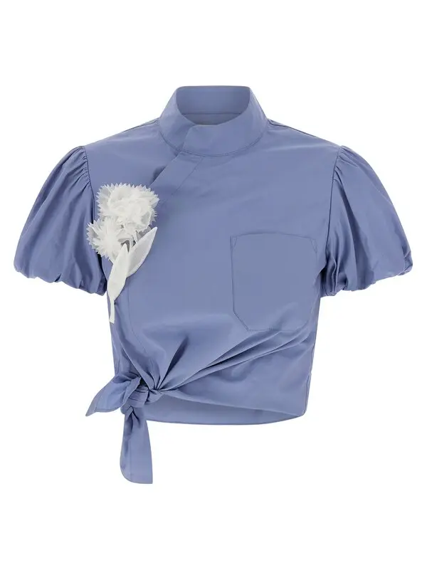 SELF-PORTRAIT Cotton Tie Detail Cropped Top - Blue