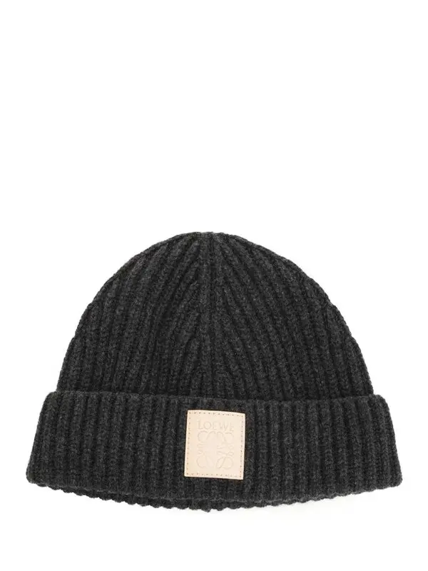 Loewe Ribbed Cashmere Hat With Leather Patch - Black