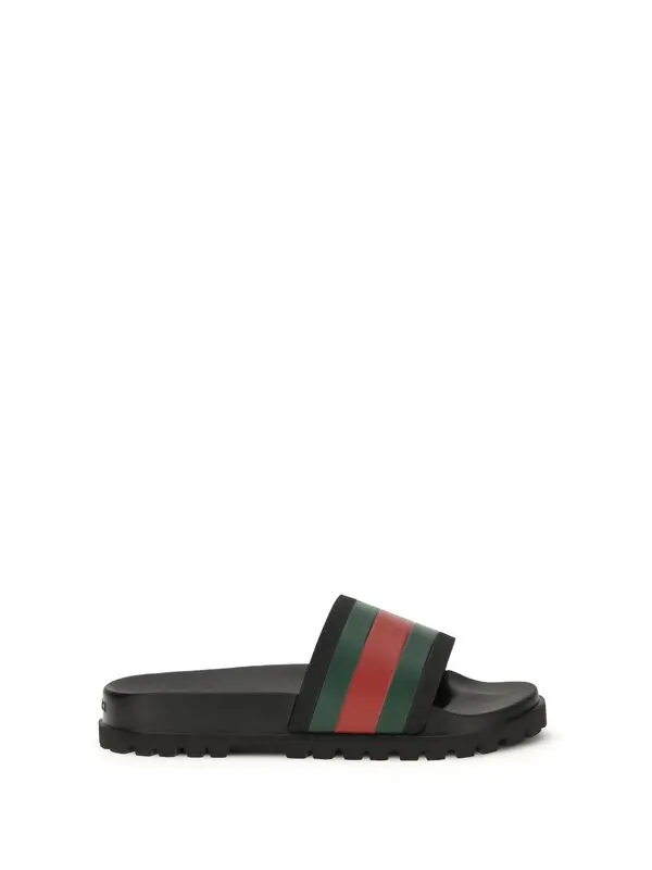 Gucci Rubber Slide Sandals With Green And Red Web Detail - Black