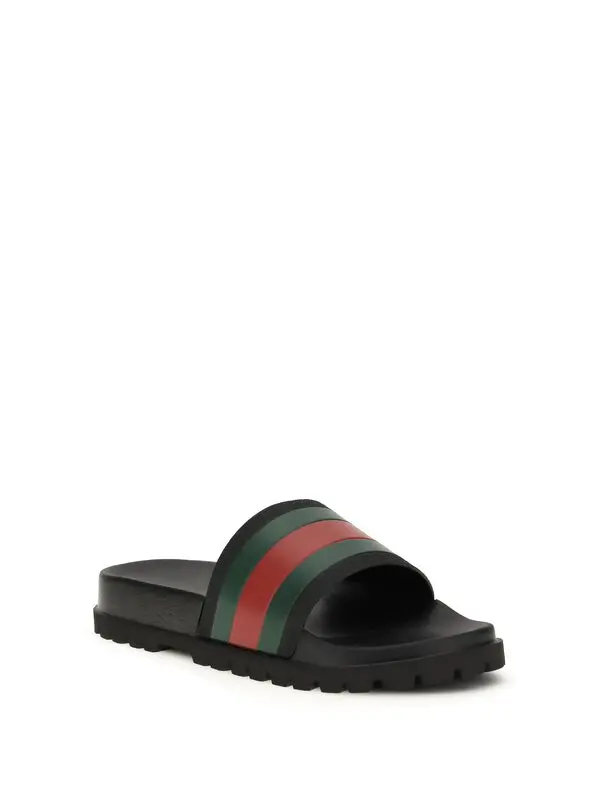 Gucci Rubber Slide Sandals With Green And Red Web Detail - Black