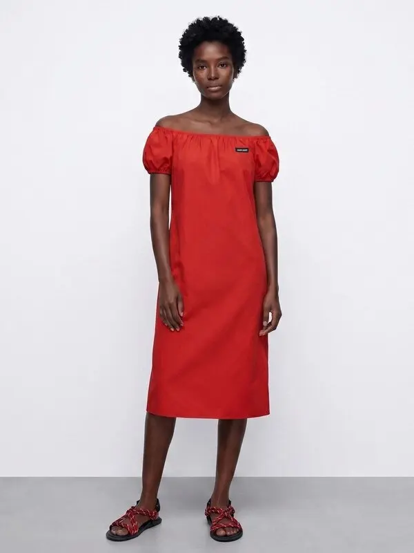 Miu Miu Cotton Midi Dress With Short Sleeves And Wide Neckline