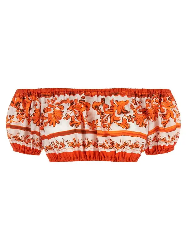 Dolce & Gabbana Maiolica" Print Off-the-shoulder Cotton Poplin Top - Orange