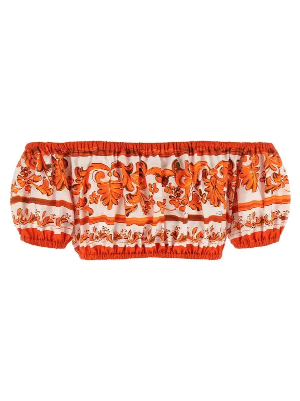 Dolce & Gabbana Maiolica" Print Off-the-shoulder Cotton Poplin Top - Orange