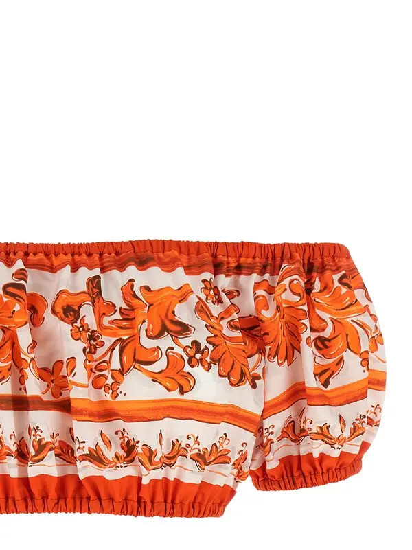 Dolce & Gabbana Maiolica" Print Off-the-shoulder Cotton Poplin Top - Orange