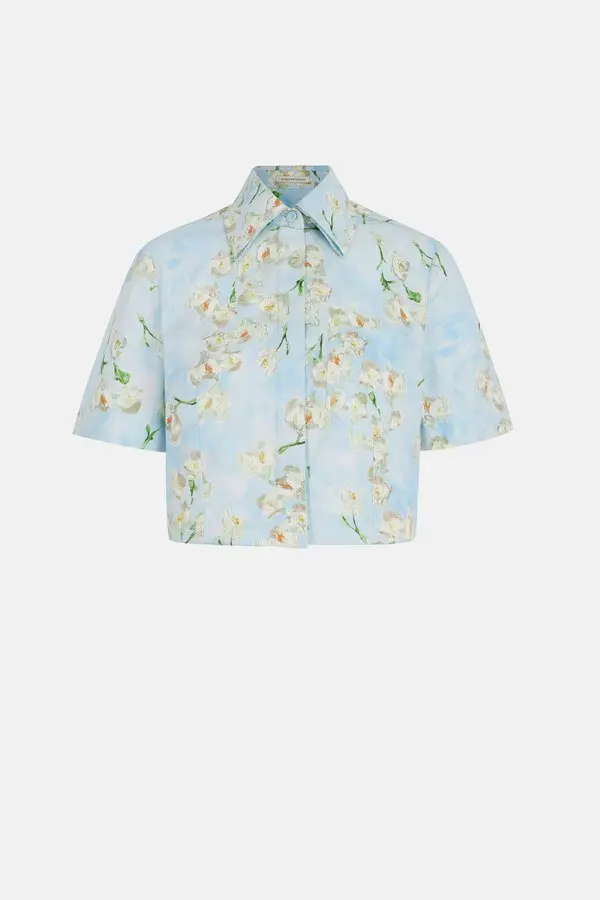 EMILIA WICKSTEAD Cropped Floral Print Cotton Poplin Shirt - Blue