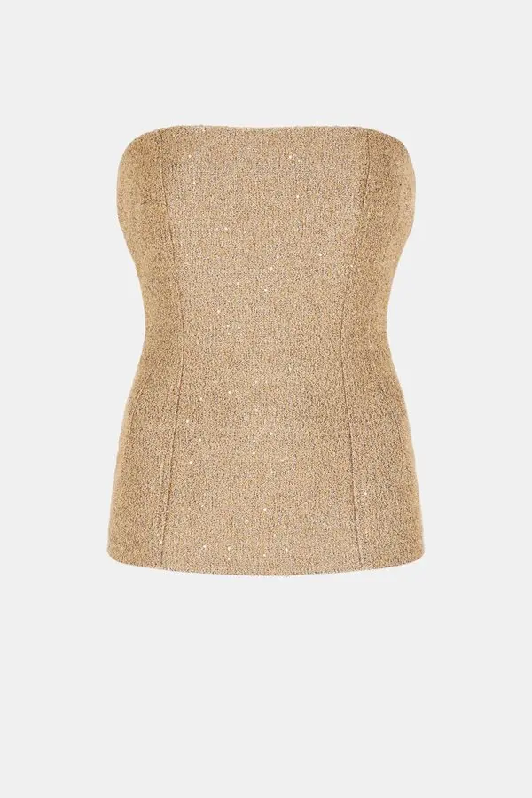 EMILIA WICKSTEAD Sequin Tweed Strapless Top - Gold