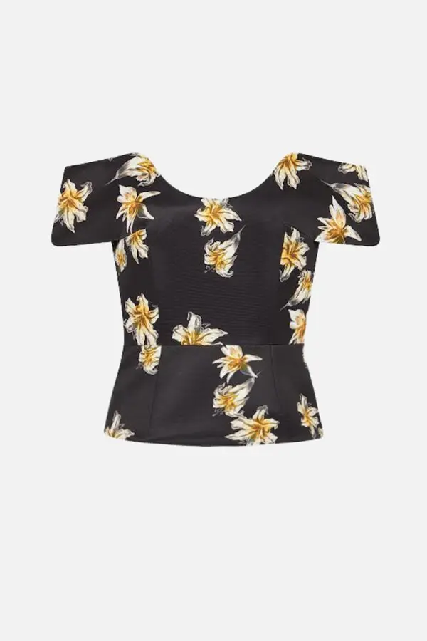EMILIA WICKSTEAD Souline Top In Black & Festive Lillies Taffeta Faille - Yellow