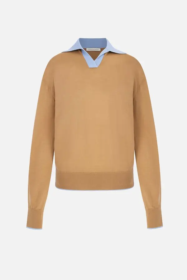 EMILIA WICKSTEAD James Knit With Baby Blue Collar In Lightweight Wool - Camel