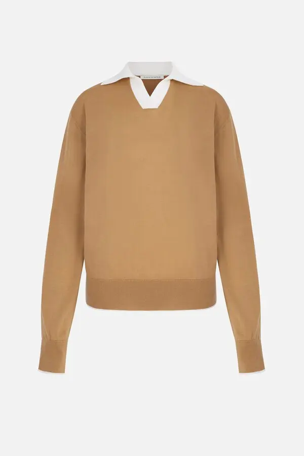 EMILIA WICKSTEAD James Knit With Ivory Collar In Lightweight Wool - Camel