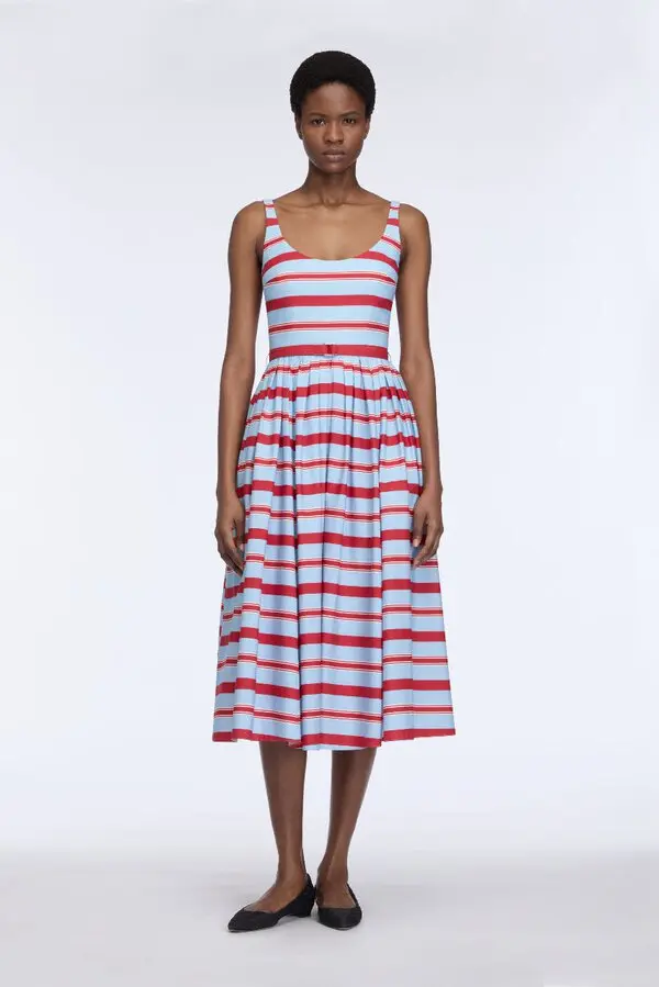 EMILIA WICKSTEAD Eglantine Dress In Blue & Striped Cotton Poplin - Red