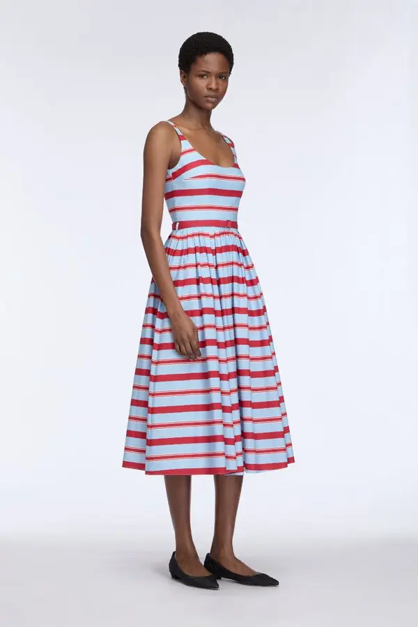EMILIA WICKSTEAD Eglantine Dress In Blue & Striped Cotton Poplin - Red