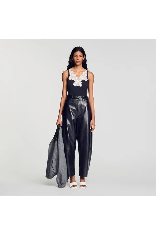 Sandro Ribbed Vest Top With Lace - Black