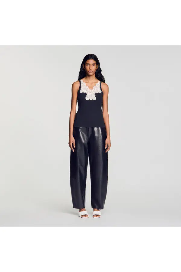 Sandro Ribbed Vest Top With Lace - Black