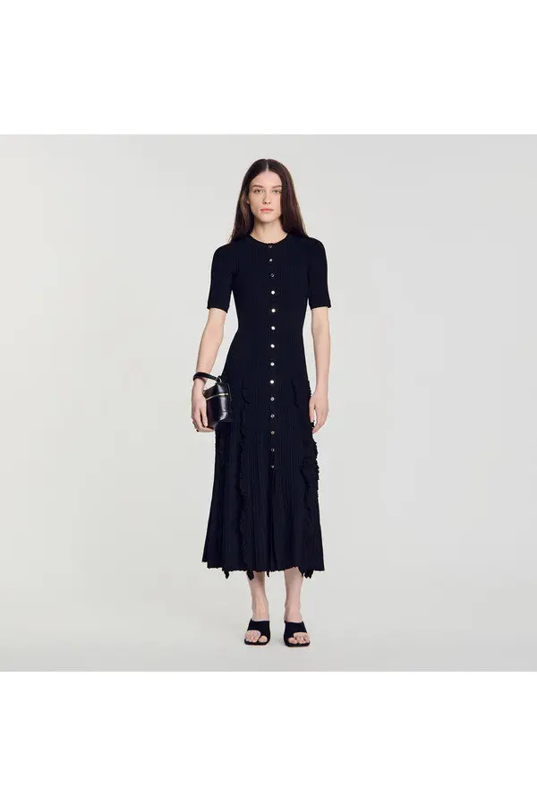 Sandro Knit Maxi Dress With Ruffles - Black