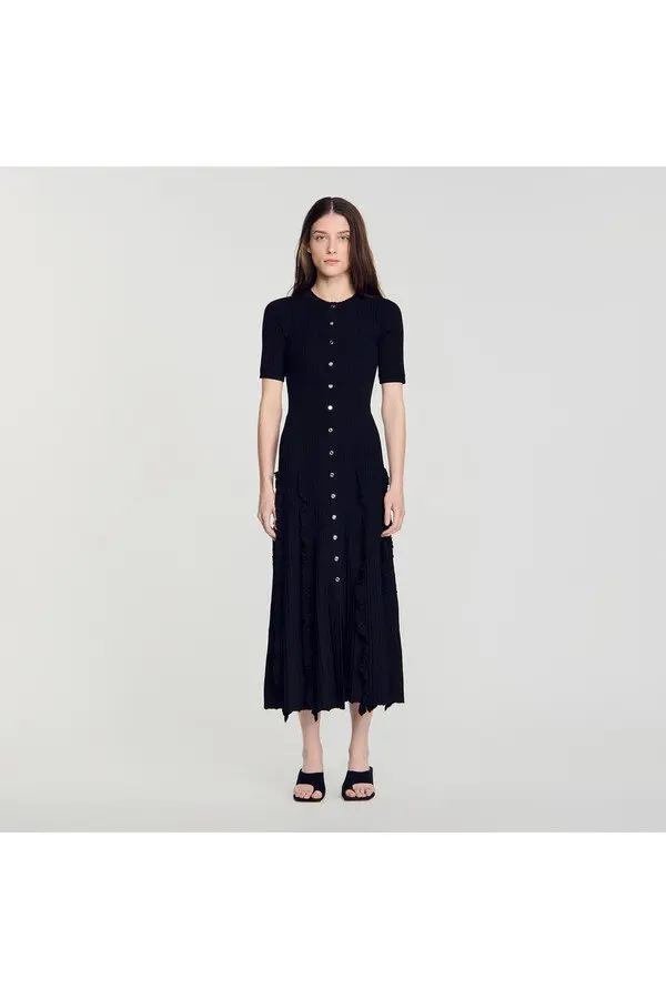 Sandro Knit Maxi Dress With Ruffles