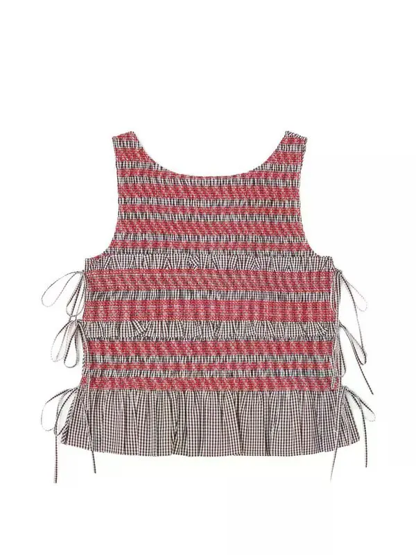 GANNI Check-print Smocked Top - Brown
