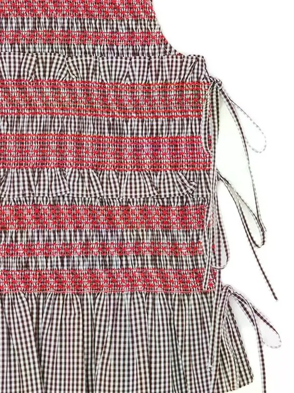 GANNI Check-print Smocked Top