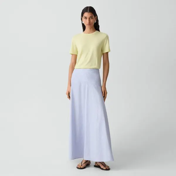 Theory Angled Yoke Skirt In Striped Cotton-blend - Blue Multi