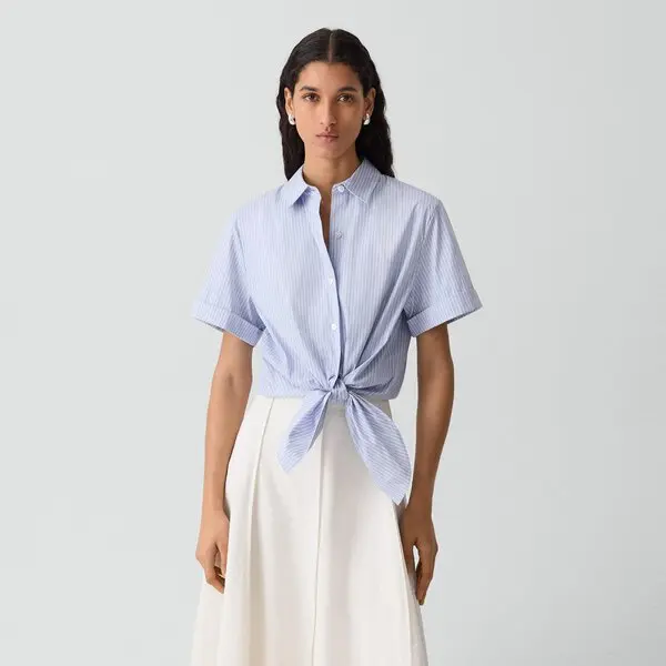 Theory Tie-front Shirt In Striped Cotton-blend - Blue Multi
