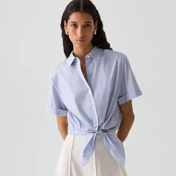 Theory Tie-front Shirt In Striped Cotton-blend