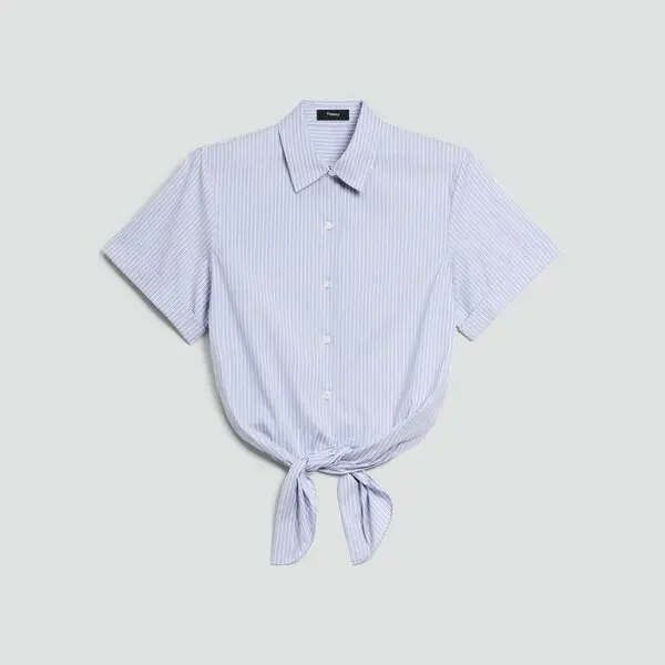 Theory Tie-front Shirt In Striped Cotton-blend