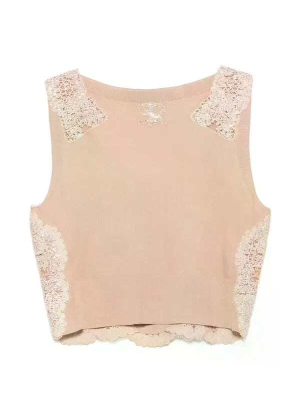 Ermanno Scervino Beige Lace Embellished Cropped Top