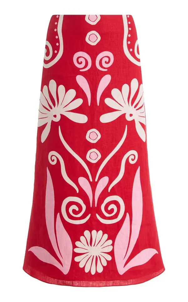CALA DE LA CRUZ Fabiana Printed Linen Midi Skirt - Red
