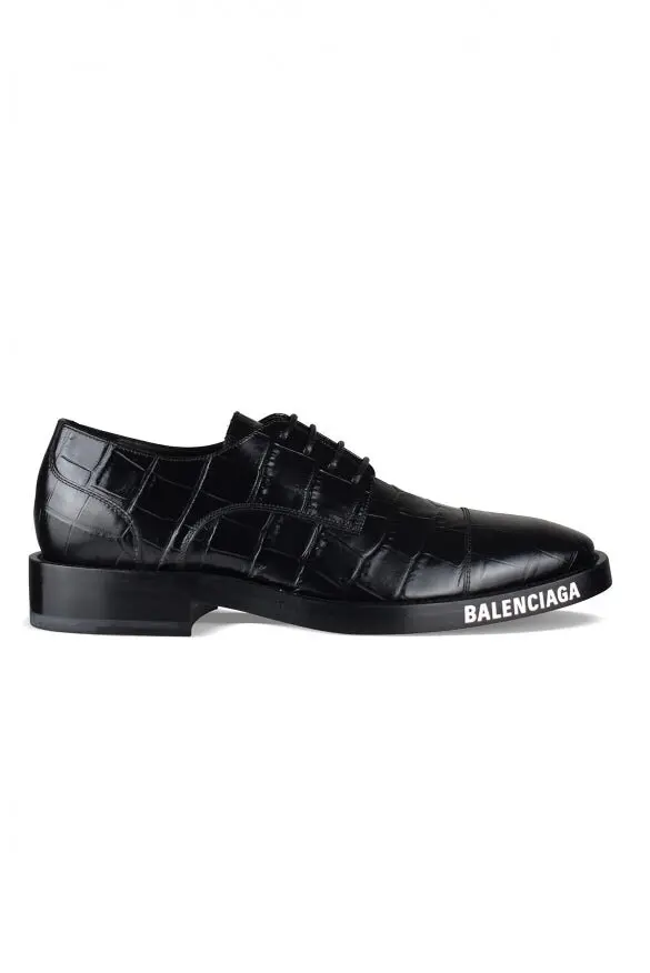 Balenciaga Crocodile-effect Calfskin Derby Shoes - Black
