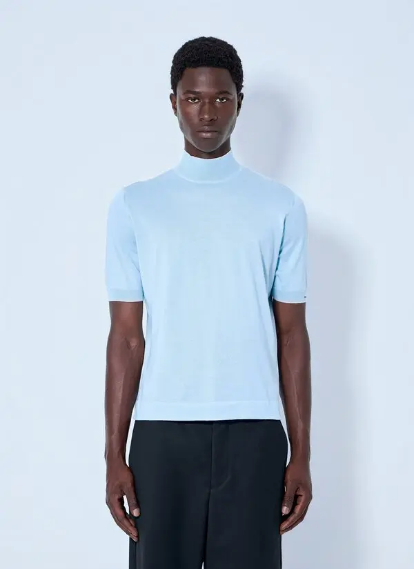 Prada Ribbed Knit Mock Neck Short Sleeve Top - Blue