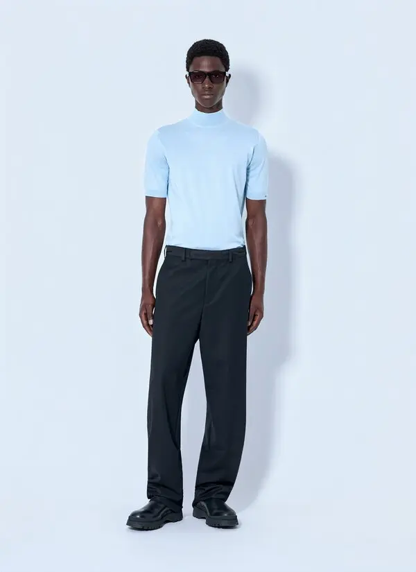 Prada Ribbed Knit Mock Neck Short Sleeve Top - Blue