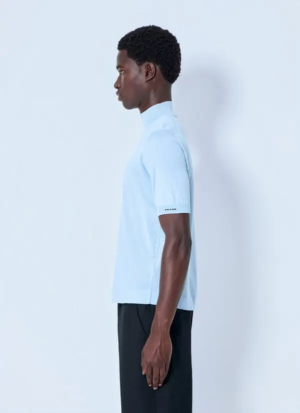 Prada Ribbed Knit Mock Neck Short Sleeve Top - Blue
