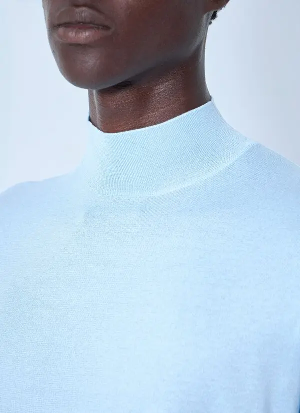 Prada Ribbed Knit Mock Neck Short Sleeve Top - Blue