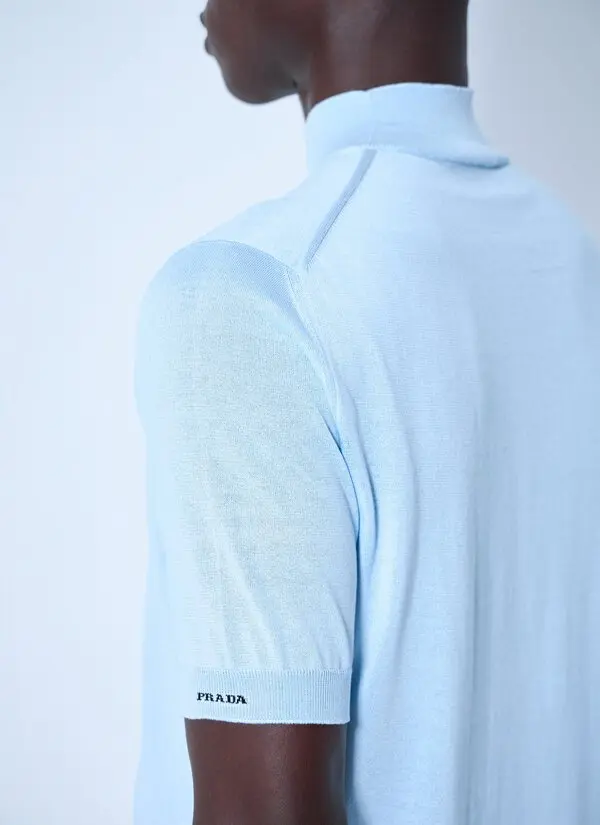 Prada Ribbed Knit Mock Neck Short Sleeve Top - Blue