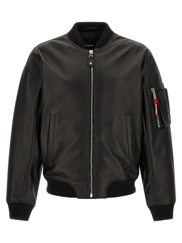 Dsquared2 Leather Bomber Jacket With Ribbed Knit Details - Black