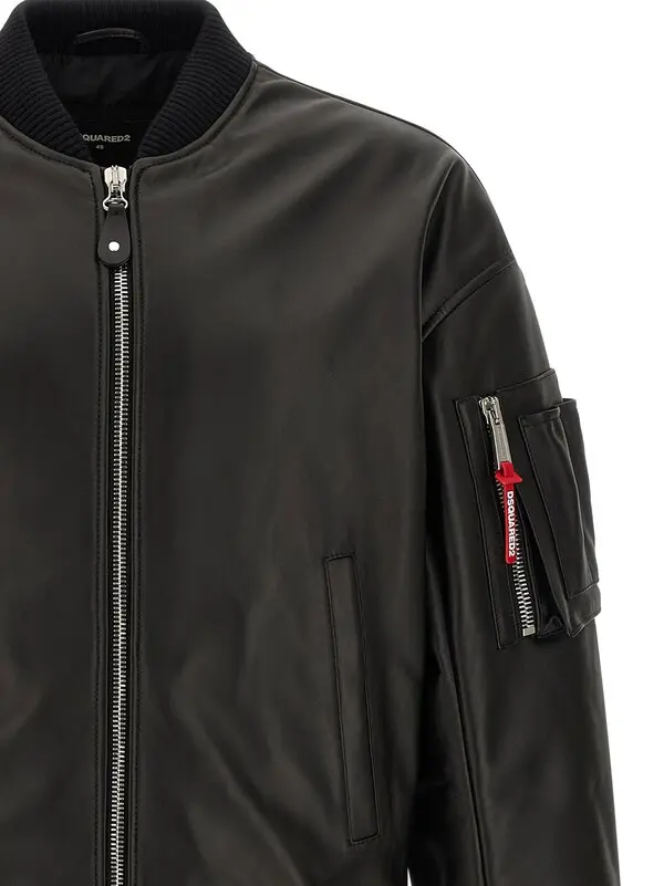 Dsquared2 Leather Bomber Jacket With Ribbed Knit Details - Black