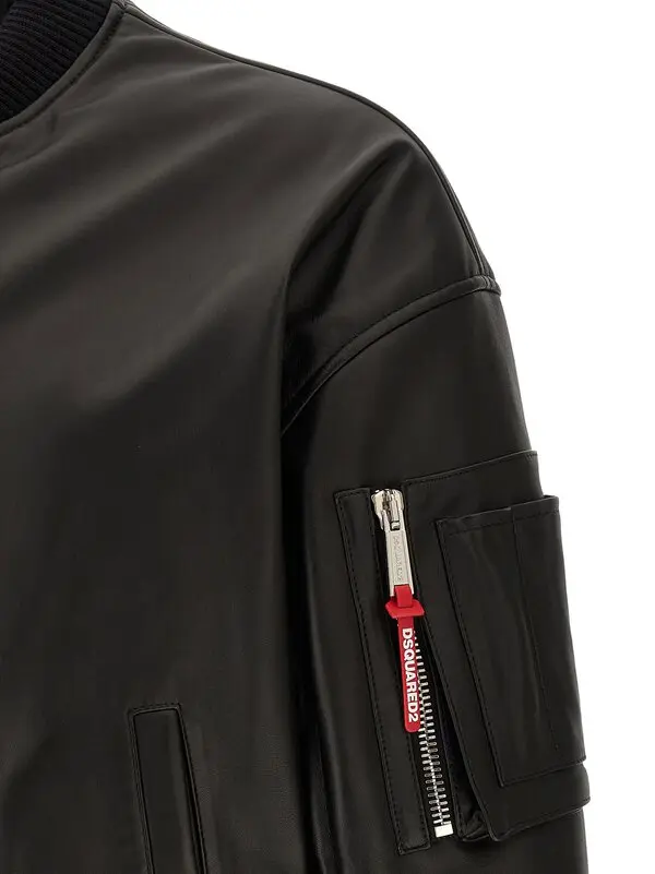 Dsquared2 Leather Bomber Jacket With Ribbed Knit Details - Black
