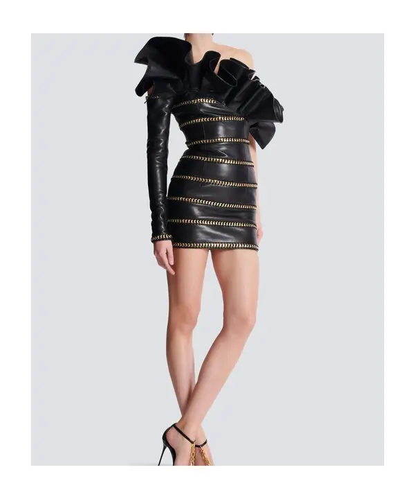 Balmain Leather Asymmetrical Ruffled Dress With Gold Chain Detail