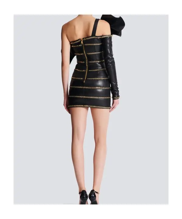 Balmain Leather Asymmetrical Ruffled Dress With Gold Chain Detail