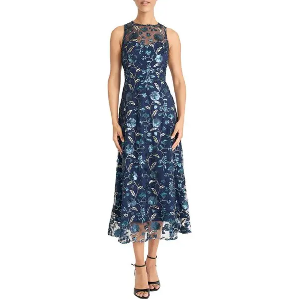 Maggy London Sequin & Bead Illusion Sleeveless Midi Dress - Navy/silver