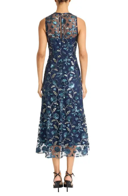 Maggy London Sequin & Bead Illusion Sleeveless Midi Dress