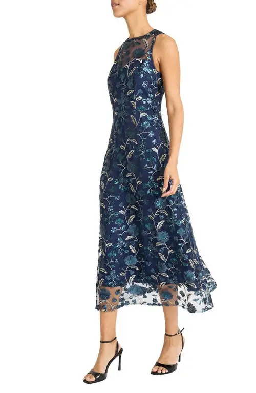 Maggy London Sequin & Bead Illusion Sleeveless Midi Dress