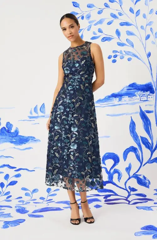 Maggy London Sequin & Bead Illusion Sleeveless Midi Dress