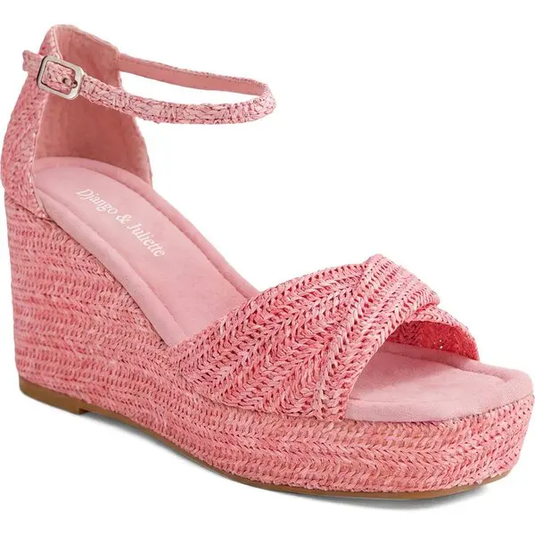 DJANGO AND JULIETTE Django & Juliette Raffia Wedge Sandals With Ankle Strap - Pink Raffia