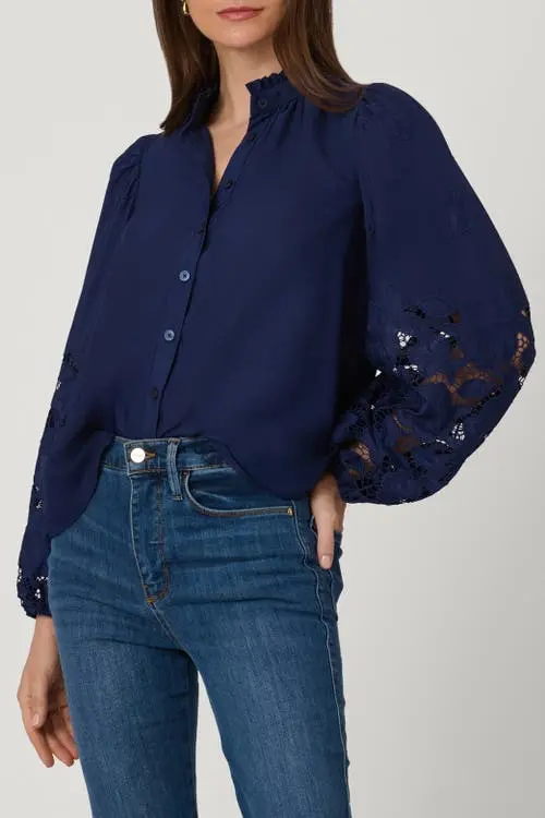 Shoshanna Eyelet Crepe De Chine Ingrid Top - Navy