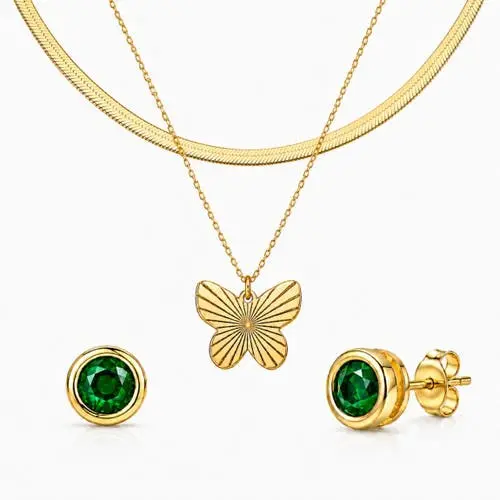 DONATELLO GIAN Everyday Essential Jewelry Set With Butterfly Pendant And Emerald Studs - Gold