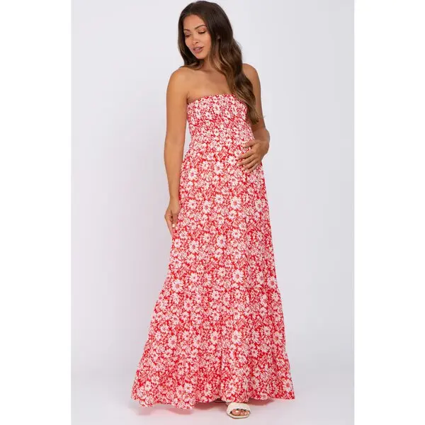 PINKBLUSH Strapless Floral Print Smocked Maxi Dress - Red