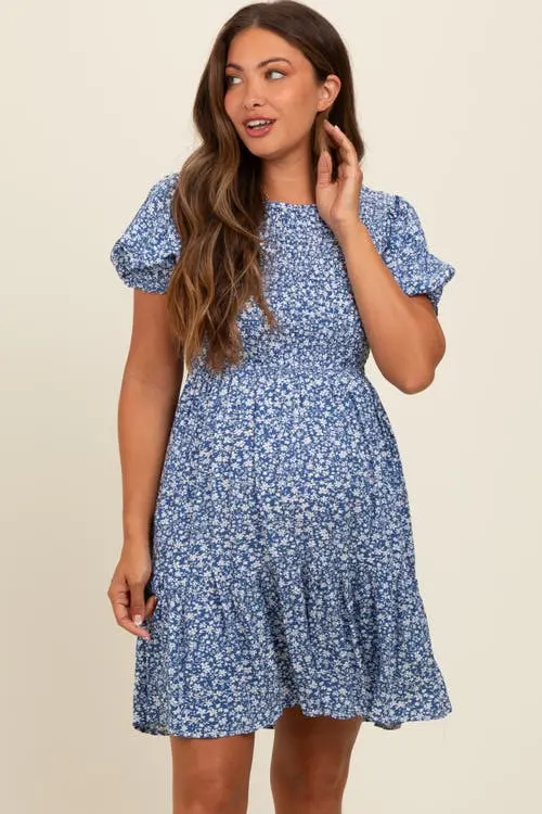 PINKBLUSH Floral Puff Sleeve Smocked Dress - Blue