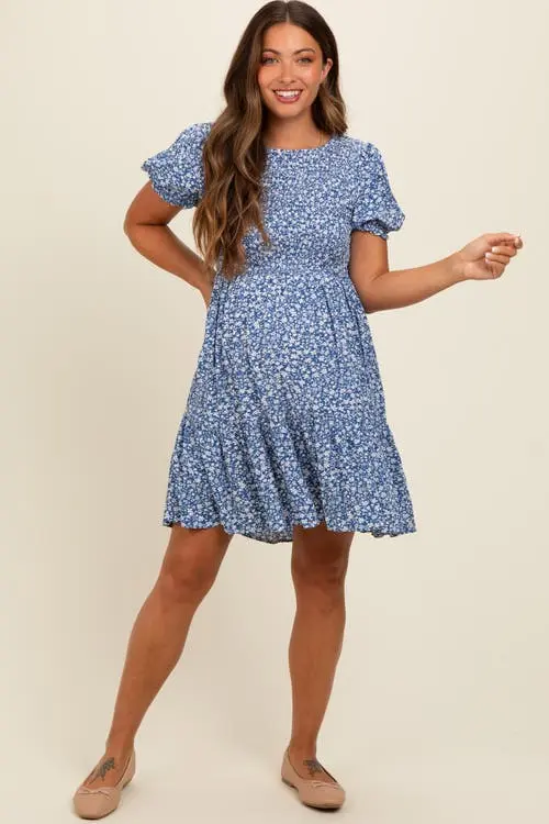 PINKBLUSH Floral Puff Sleeve Smocked Maternity Dress