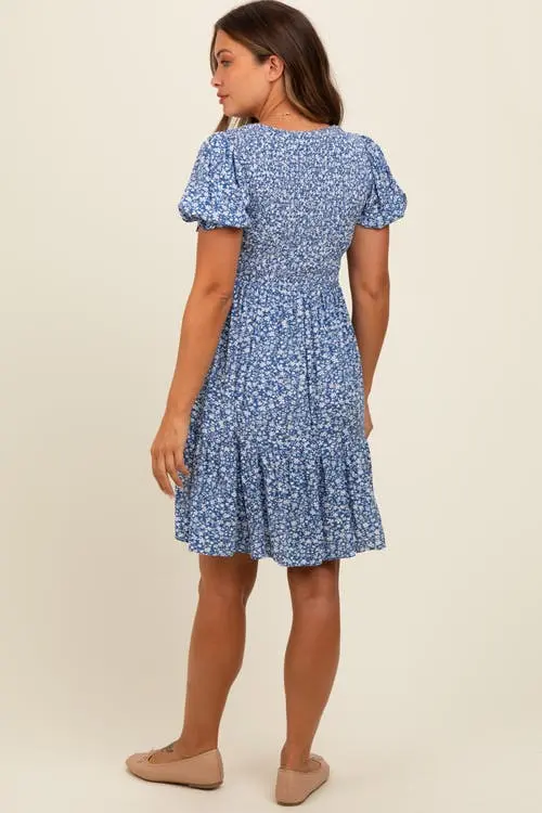 PINKBLUSH Floral Puff Sleeve Smocked Maternity Dress