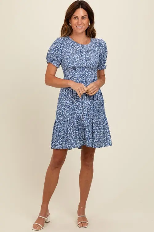 PINKBLUSH Floral Puff Sleeve Smocked Maternity Dress